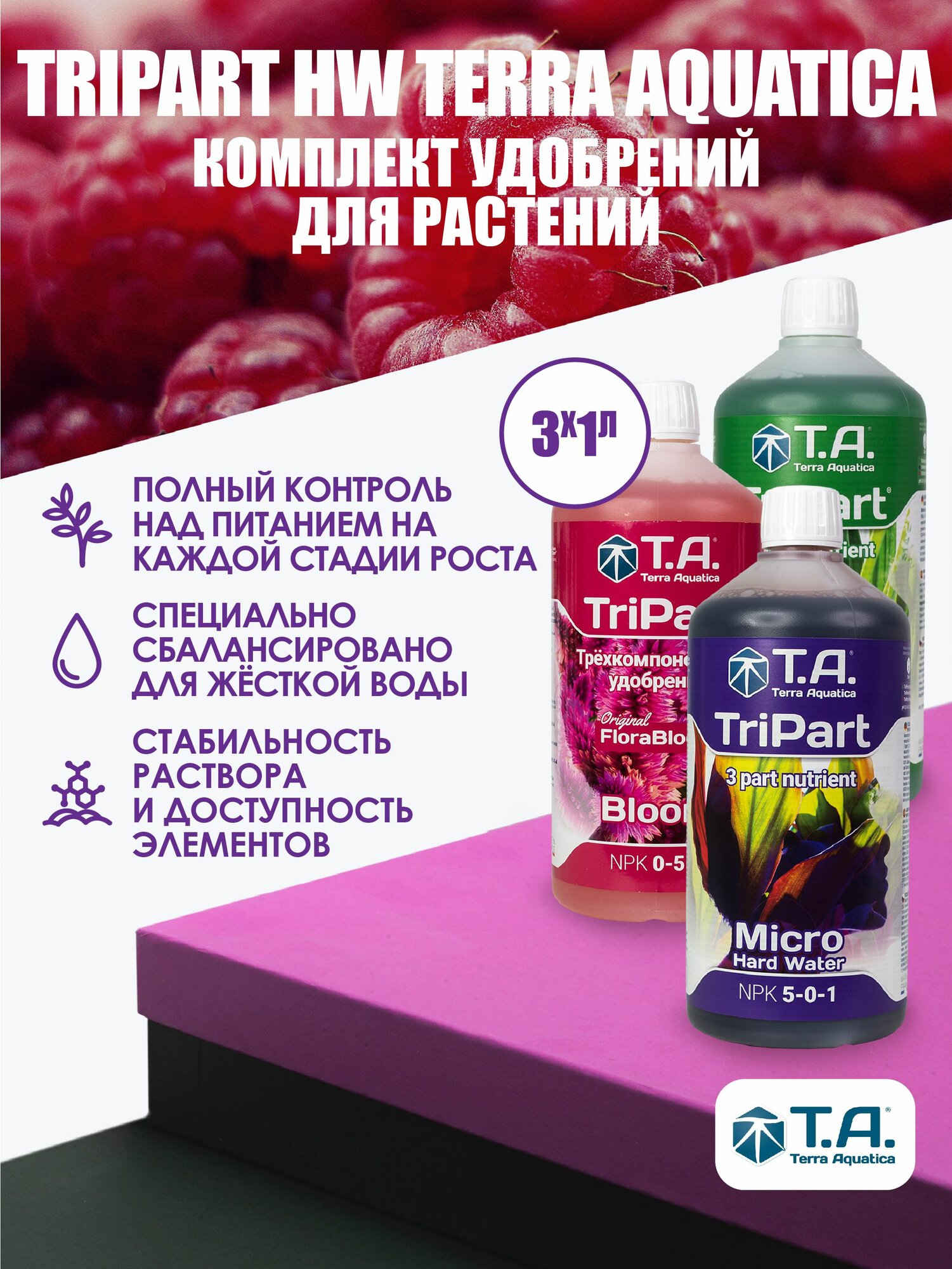 Комплект удобрений Flora Series HW GHE (Tripart Terra Aquatica Grow+Micro+Bloom) 3x1 л