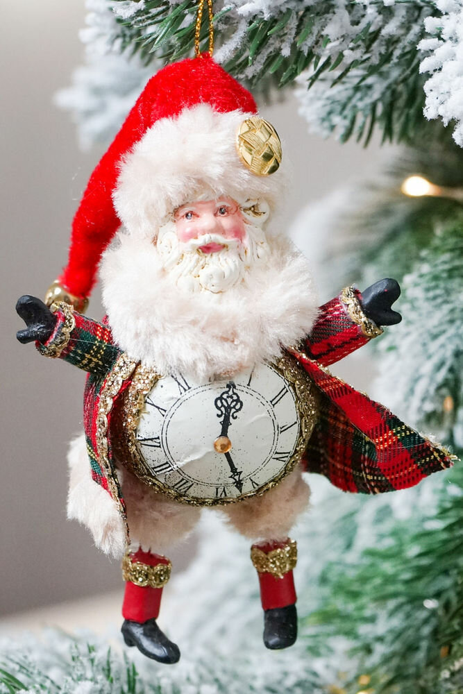 Ёлочная игрушка ДЕД мороз И часы, полистоун, текстиль, красный, 14 см, Goodwill B87016-1