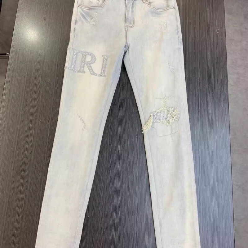 MON Мужские Джинсы Премиум Корейские Слим Эластичные Черные Печать Деним, Размер_M