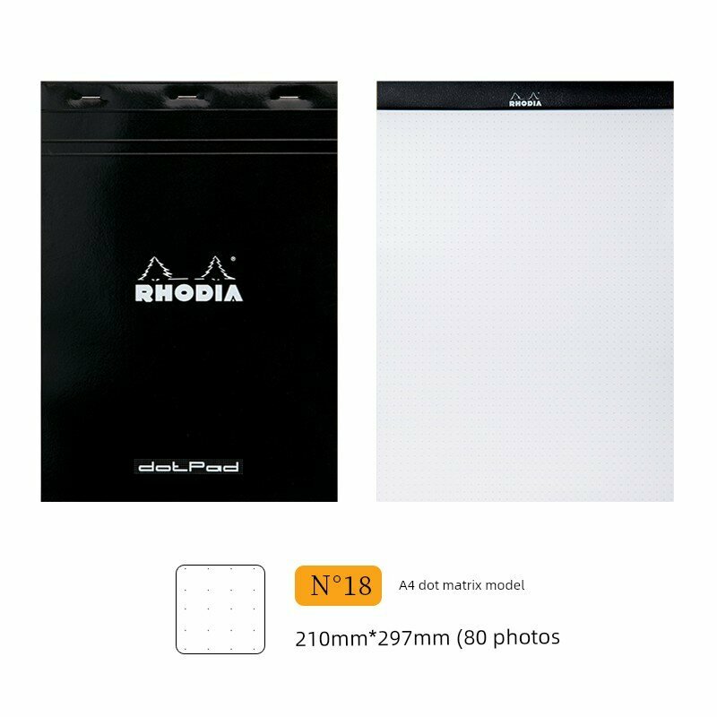 Rhodia Sticky Note Pad, Черный, Размер NO.18, Компактная маленькая записная книжка для бизнеса и ведения заметок