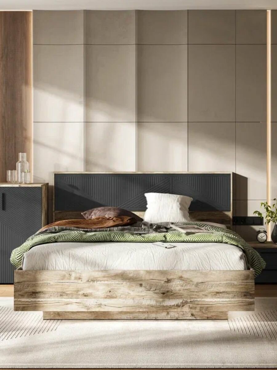 Кровать двуспальная парящая Сильвия 1,6 МДФ 1708х100х2101 Дуб Юкон/Браш Графит, с ортопедическим основанием, подсветкой, МИФ