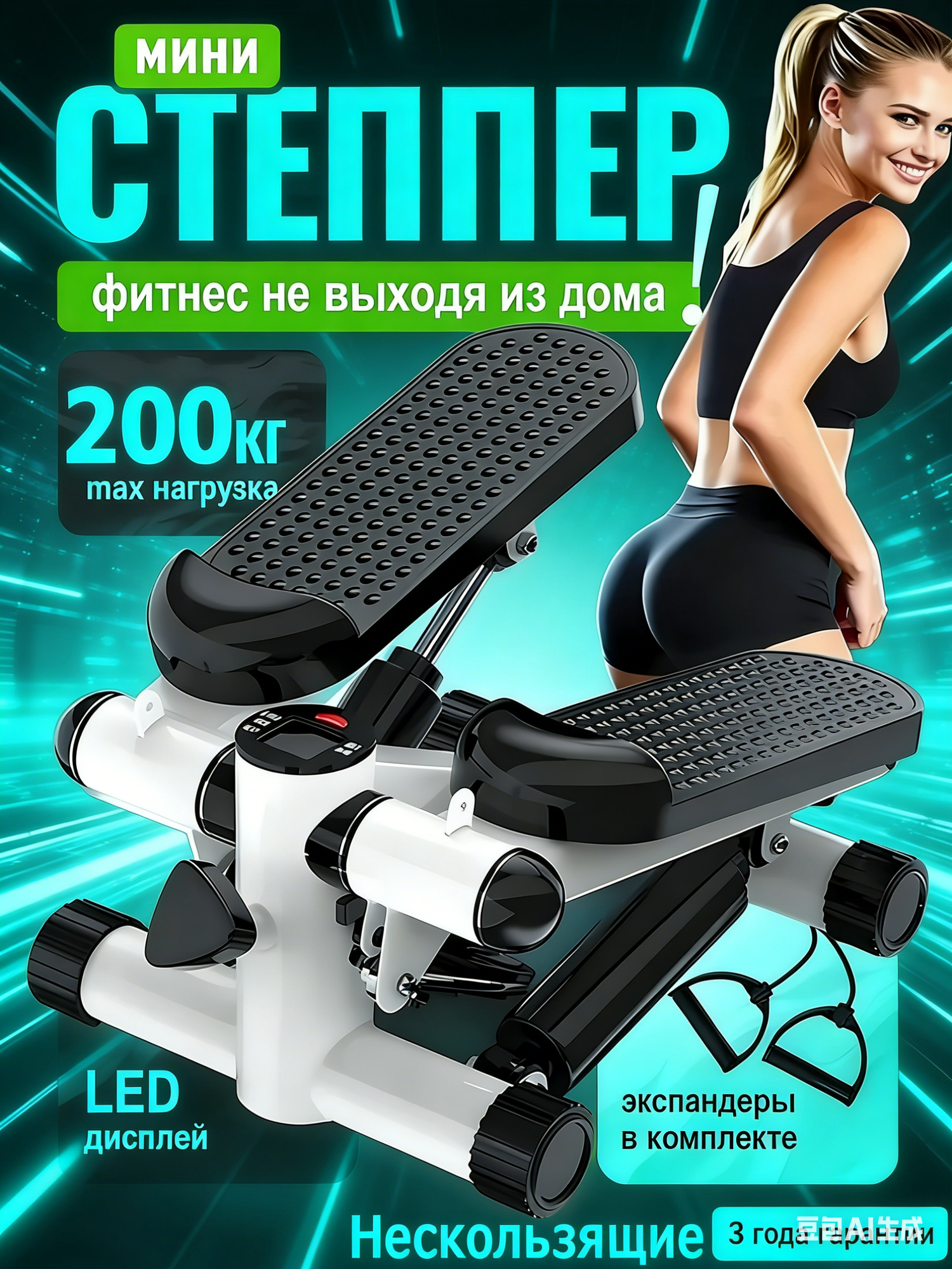 Степпер-тренажер для ног, бедер и ягодиц с эспандерами, максимальная нагрузка 200 кг