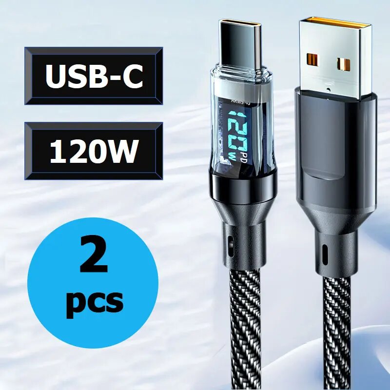 Кабель USB A — Type C, 120 Вт со светодиодным дисплеем, 100 Вт, шнур для передачи данных типа C, кабель для сверхбыстрой зарядки для Huawei Samsung Xiaomi