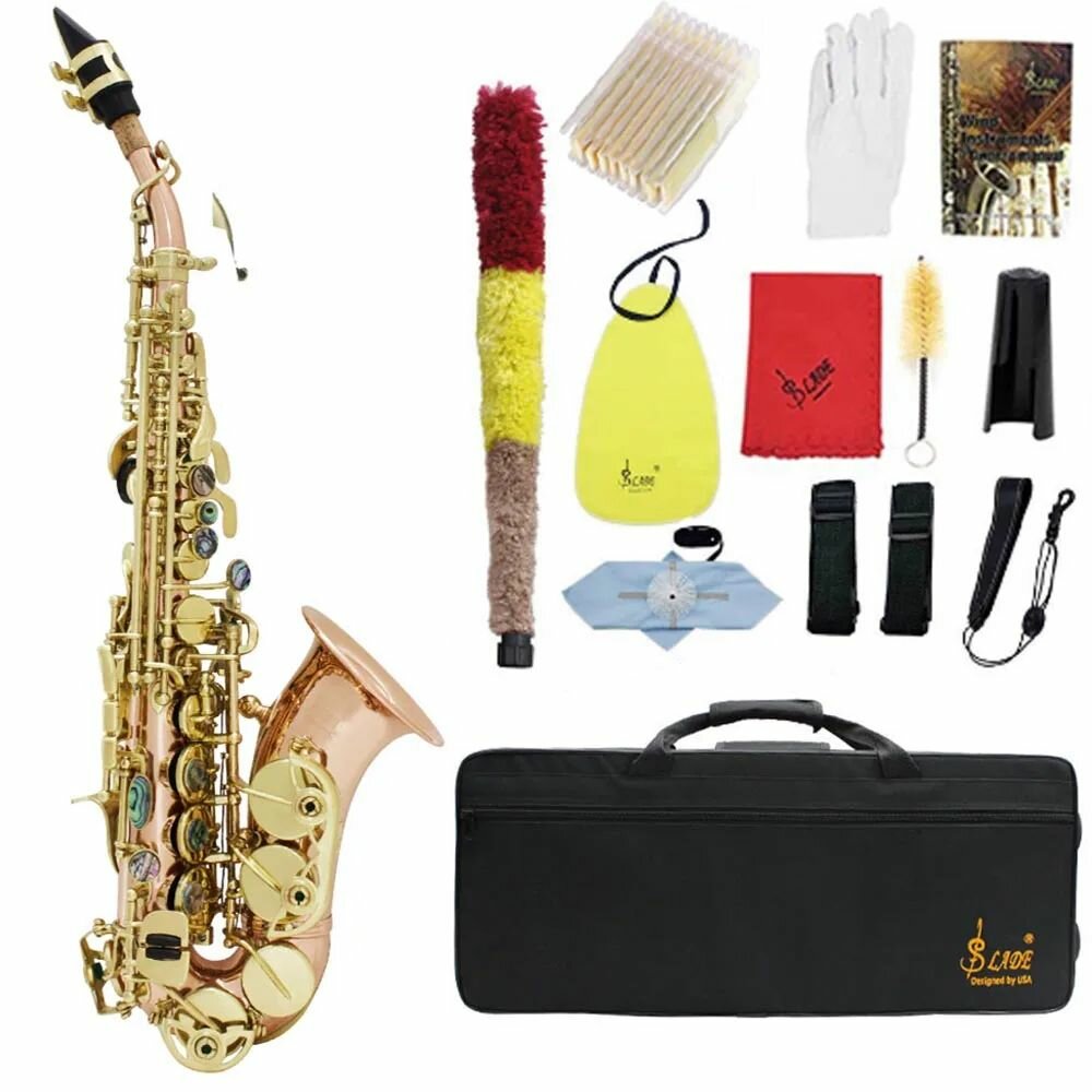 Сопрано-саксофон SLADE Bb с латунным корпусом, резными клавишами, белыми корпусами с язычками, перчаткой и тряпочкой для протирки.