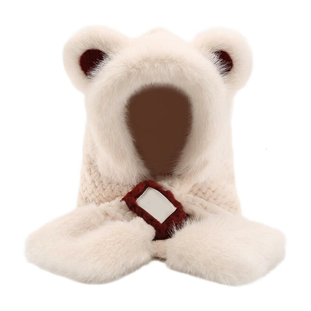 Шапка-шарф с ушками медведя из искусственного меха кролика, Бежевый