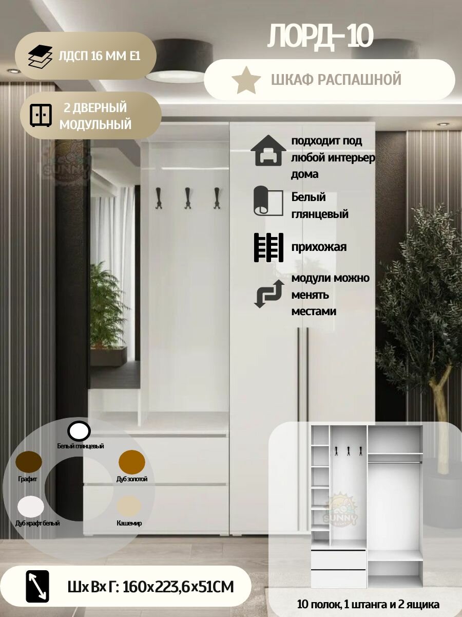 Прихожая Лорд 10, шкаф распашной 2х дверный + прихожая (Белый глянец) 223,6х 160х 51 см