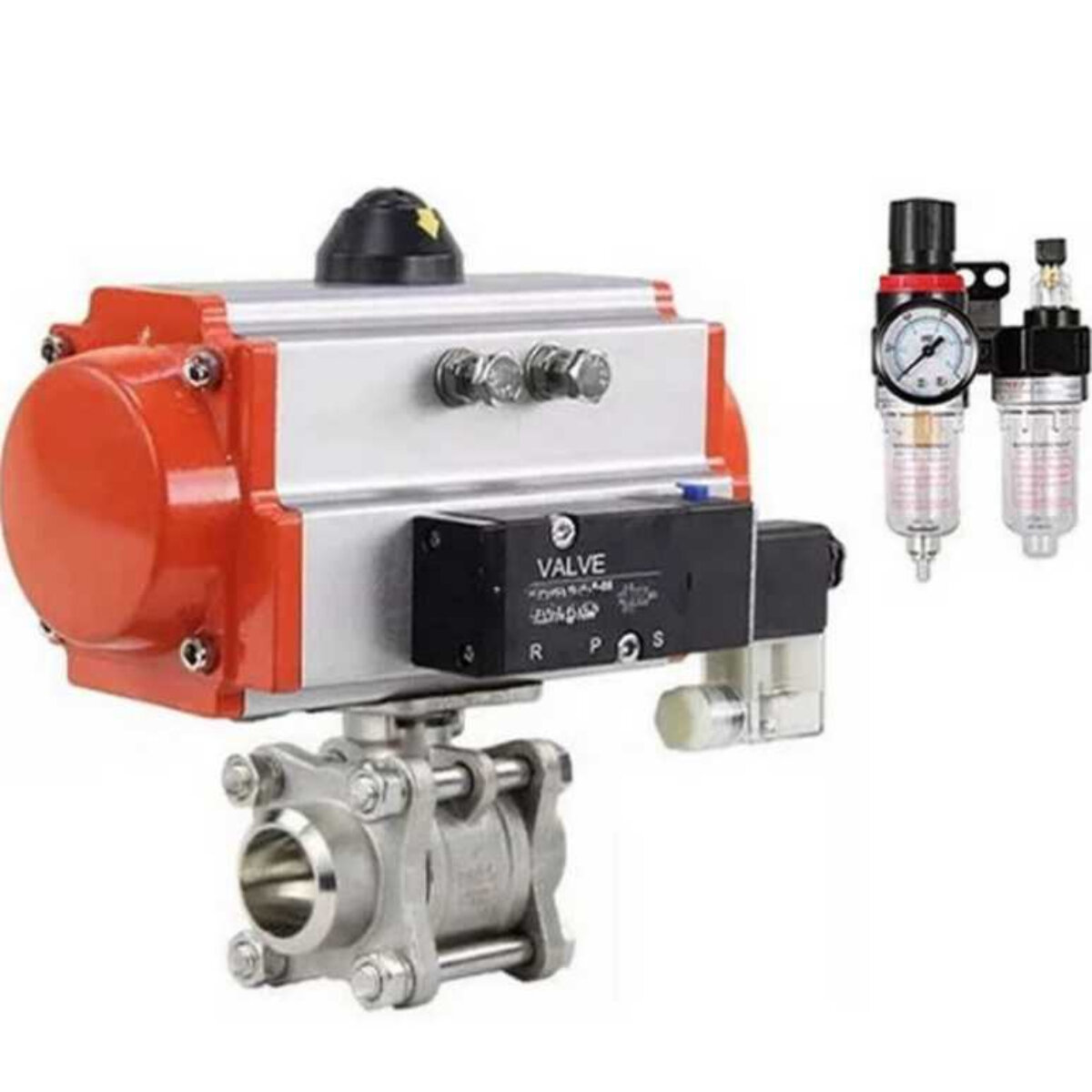 Кран шаровой DN.ru 316-316-PTFE-FP-W-ISO-H WDVF Ду20 Ру63 полнопроходной, трехсоставной, корпус - нержавеющая сталь 316, уплотнение - PTFE, под приварку, с пневмоприводом SA-065, пневмораспределителем PND2-S1EM-52-1NC-J08-24VDC, БПВ APU1-10-40-V08