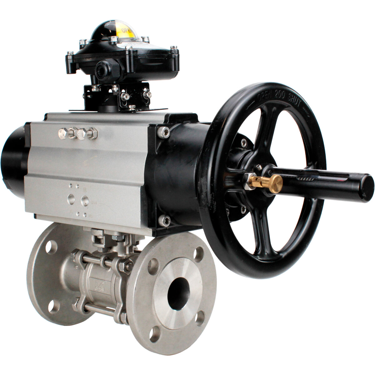 Кран шаровой DN.ru кшфпт.316.180 Ду100 Ру16 полнопроходной трехсоставной, фланцевый, нержавеющая сталь 316, уплотнение - PTFE, 22х22, F10, WDVF, с пневмоприводом DN. ru DA-105-1 и БКВ LSB-210-02NM12-220/24 (опрессовано)