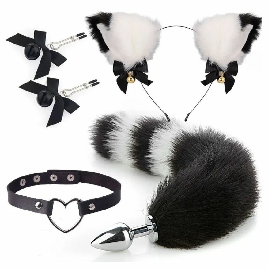 Анальная пробка, ушки кошки, чокер на шею, зажимы для сосков. Костюм для ролевых игр. Товары для взрослых, бдсм набор +18