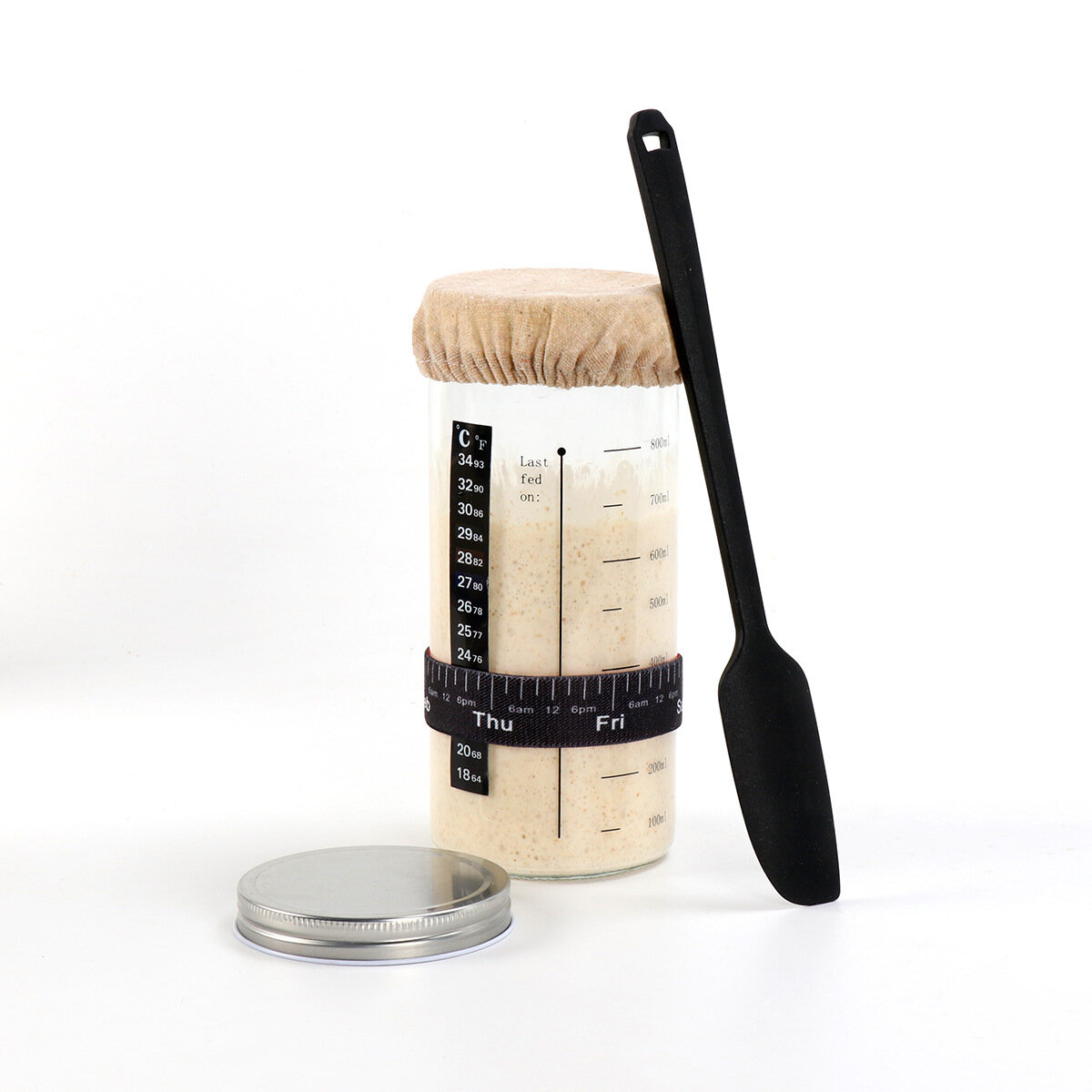 Банка для закваски для выпечки хлеба на закваске, Набор для закваски с эластичной лентой с отметками даты кормления, Термометр, Ластик, Тканевая крышка для контейнера для закваски и Металлическая крышка, Банка стеклянная герметичная широкогорлая 1000мл,