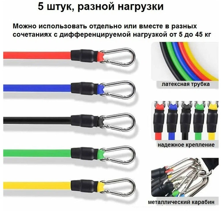 Набор эспандеров, для фитнеса, 5 уровней нагрузки, 10 цветов, сумка для хранения