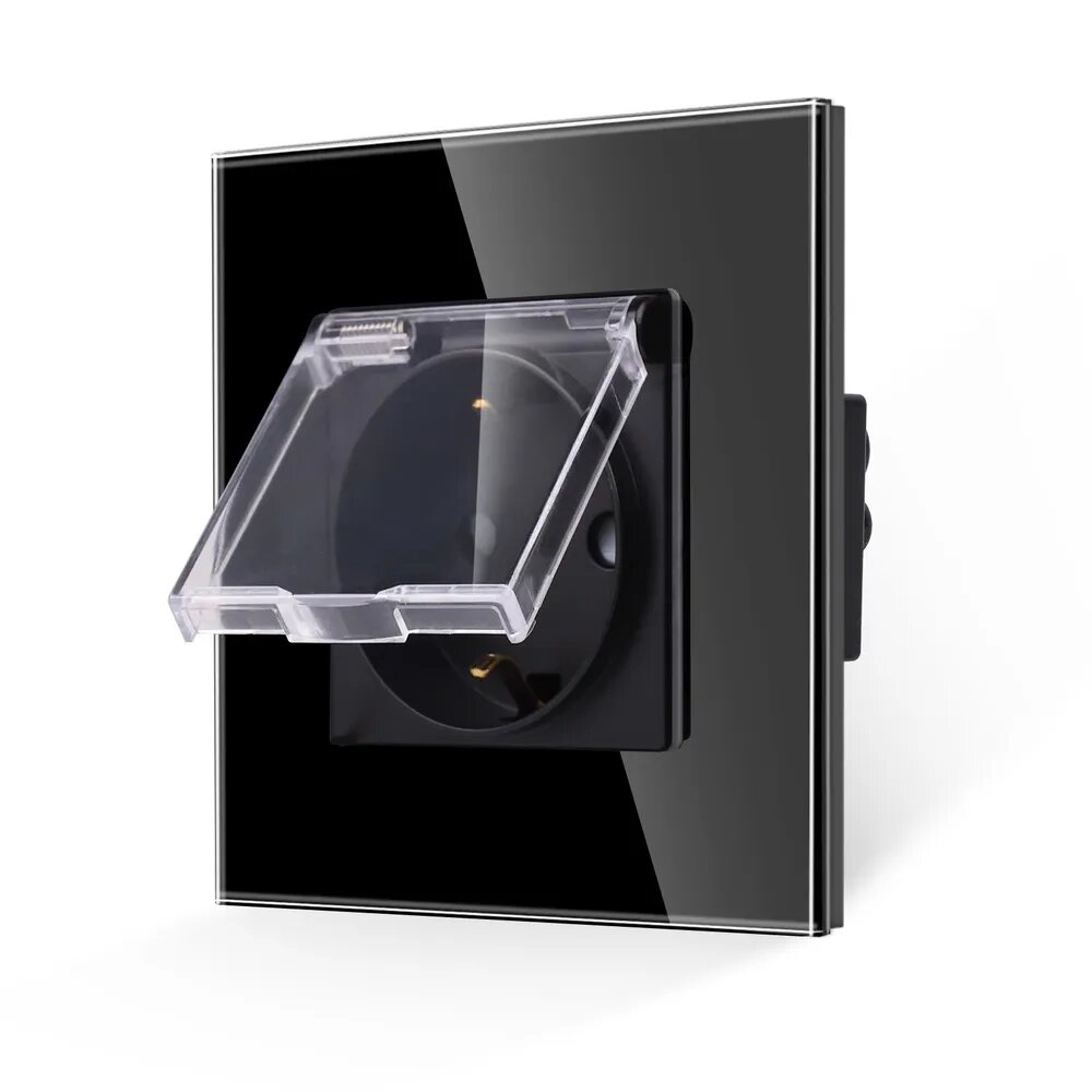 Розетка c водонепроницаемой крышкой, Встраиваемая водонепроницаемая розетка на 16А стеклянна Черный c землей