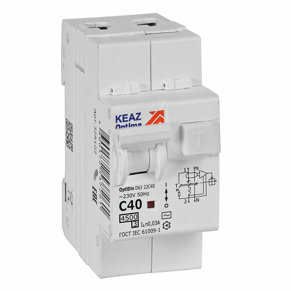 Выключатель автоматический КЭАЗ двухполюсный, номинальный ток 40 А, ток утечки 30 мА, характеристика АС