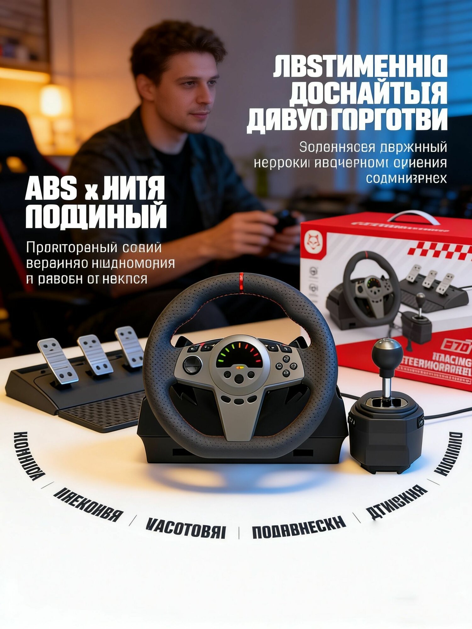 Руль-симулятор вождения для PS5/PC с подставкой Регулируемый + 3 педали