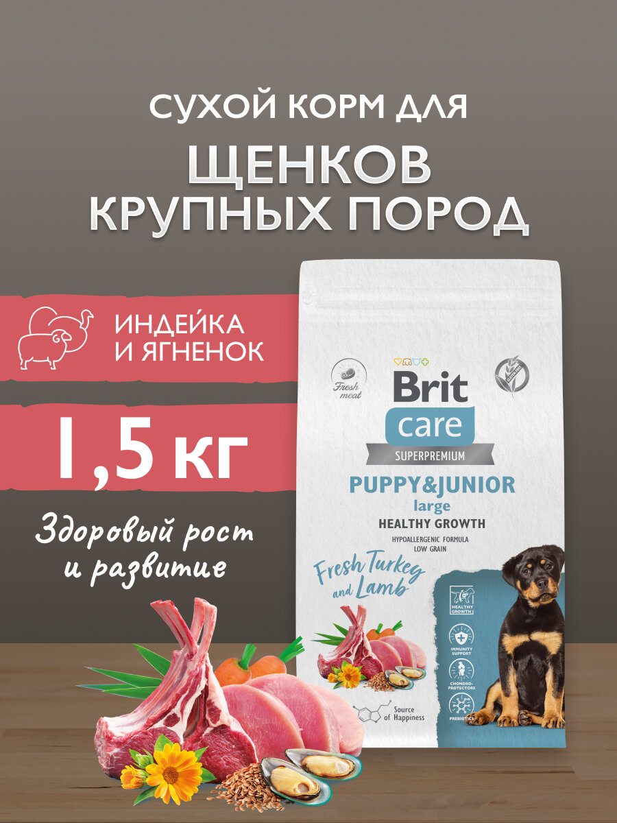 Сухой корм для щенков и молодых собак крупных пород супер-премиум с индейкой и ягненком BRIT CARE1,5 кг