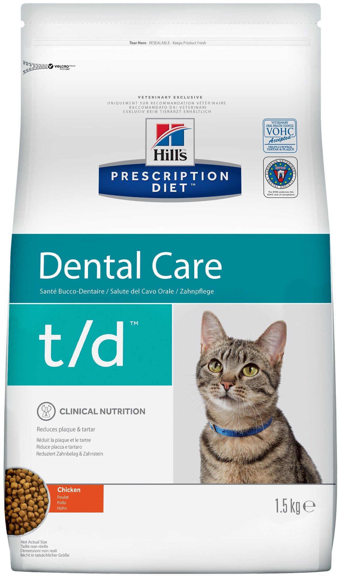 Корм сухой диетический Hill's Prescription Diet Cat t/d Dental Care для кошек для поддержания здоровья ротовой полости, курица, 1,5 кг