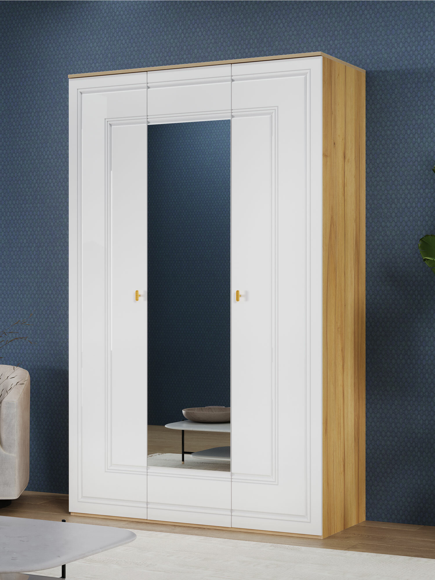 Распашной шкаф для одежды и хранения вещей Вега Сапфир с полками, со штангой, с зеркалом 135х57.4х221.6 см, Дуб золотистый / Белый глянец