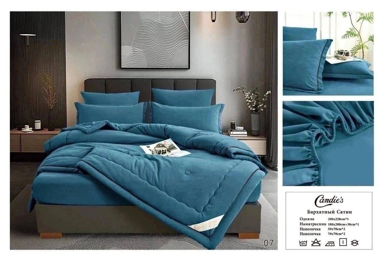 Комплект постельного белья евро с одеялом бархатный Сатин простынь на резинке с ушками