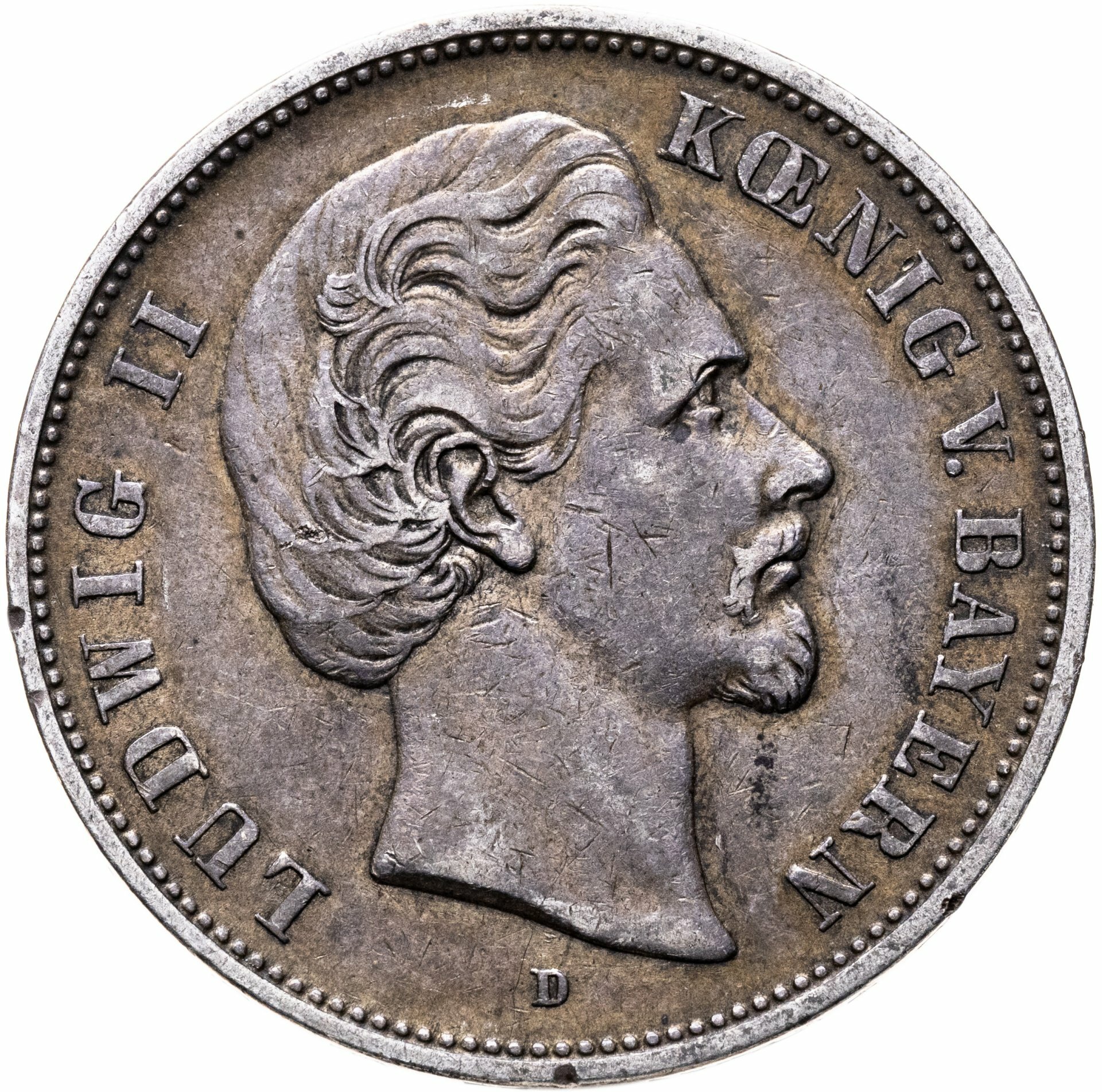 Германская Империя, Бавария 5 марок mark 1875, Серебро 900, в сохранности VF-XF