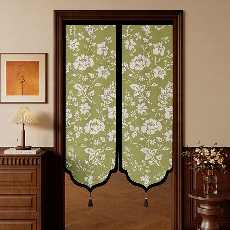 Занавеска для двери в новом китайском стиле, секционная с карнизом, без сверления, с принтом бамбукового птичьего стиля, перегородка