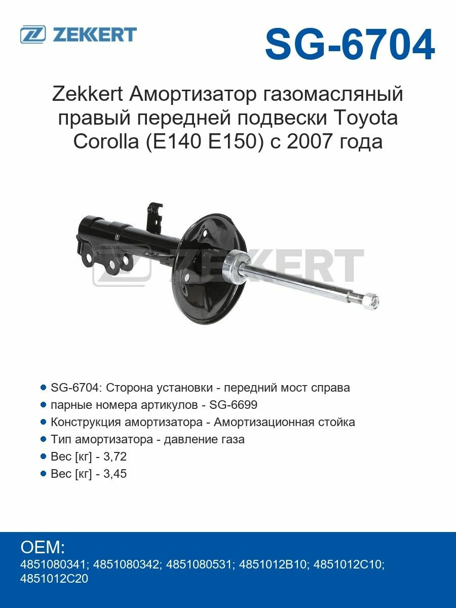Zekkert Амортизатор газомасляный правый передней подвески Toyota Corolla (E140 E150) с 2007 года