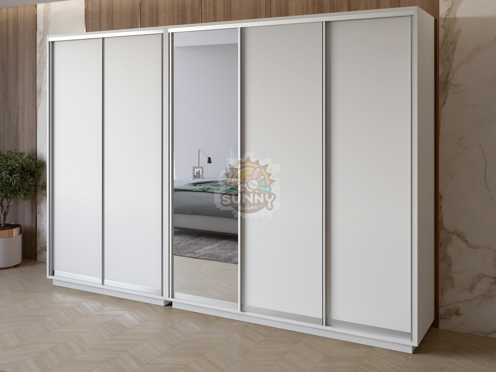 Шкаф-купе Вилли 5-ти дверный модульный (2+3) ЛДСП-4 / Зеркало-1, профиль серебро, 300х60х220 см. Белый снег