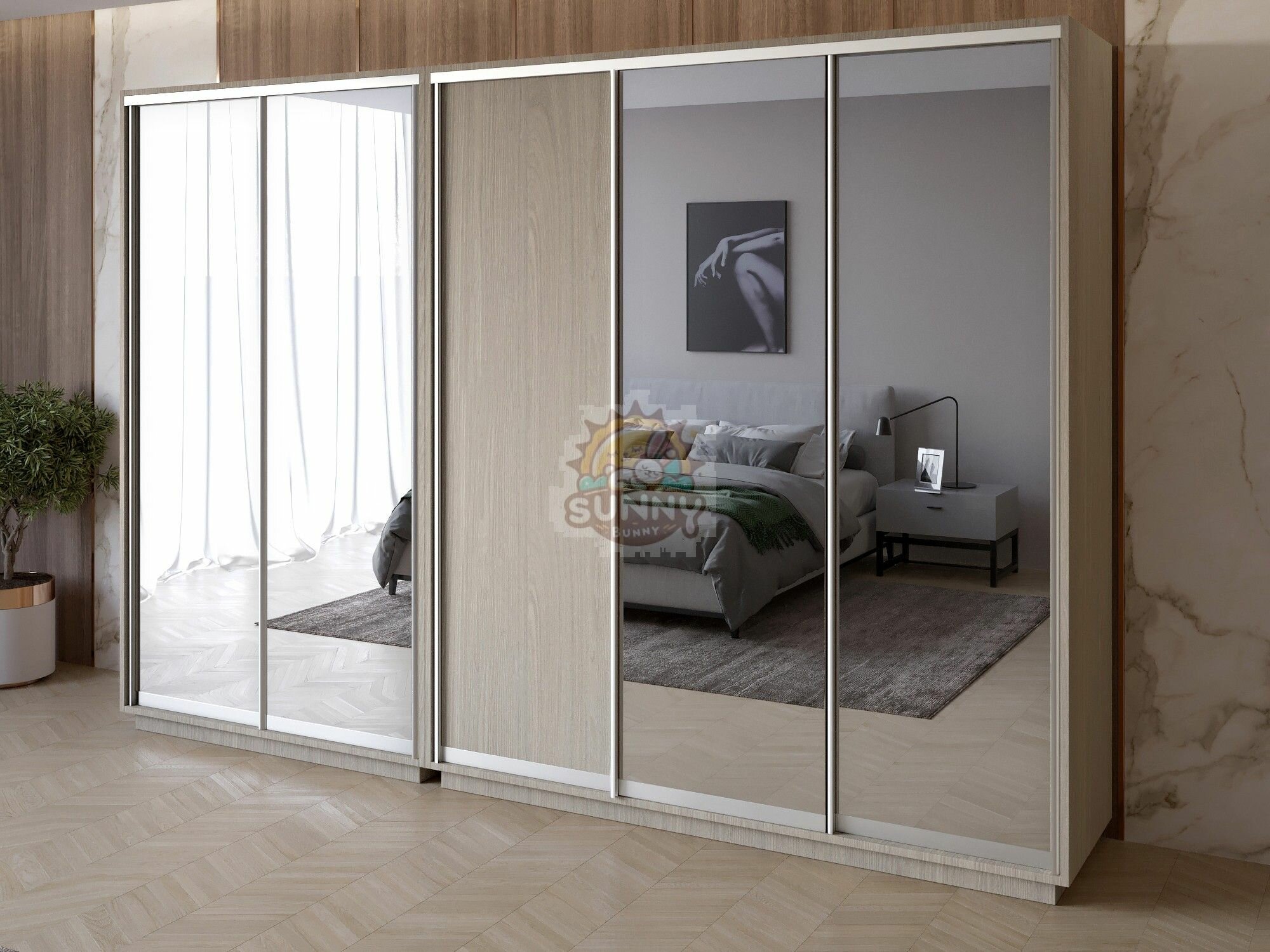 Шкаф-купе Вилли 5-ти дверный модульный (2+3) ЛДСП-1/Зеркало-4, профиль серебро, 300х60х240 см. Ясень Шимо светлый