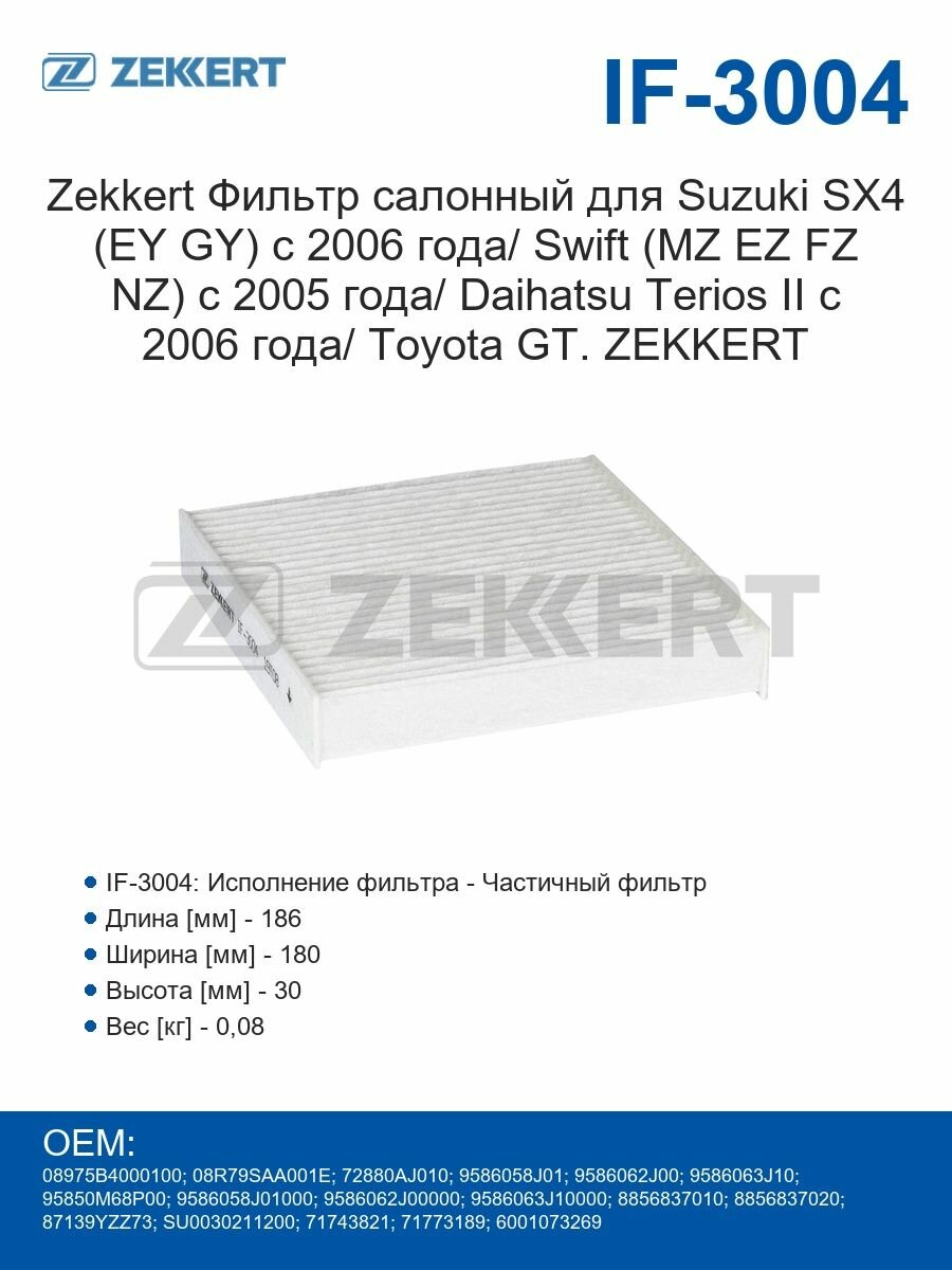 Zekkert Фильтр салонный для Suzuki SX4 (EY GY) с 2006 года/ Swift (MZ EZ FZ NZ) с 2005 года/ Daihatsu Terios II с 2006 года/ Toyota GT. ZEKKERT