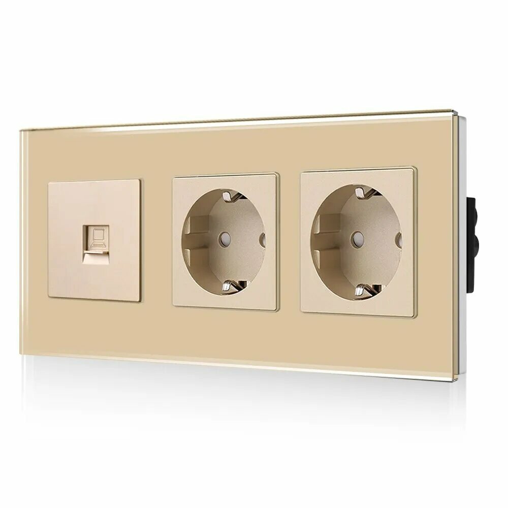 Розетка электрическая 3 поста 220В +Розетка RJ-45 CAT6 Ethernet золотая Стекло