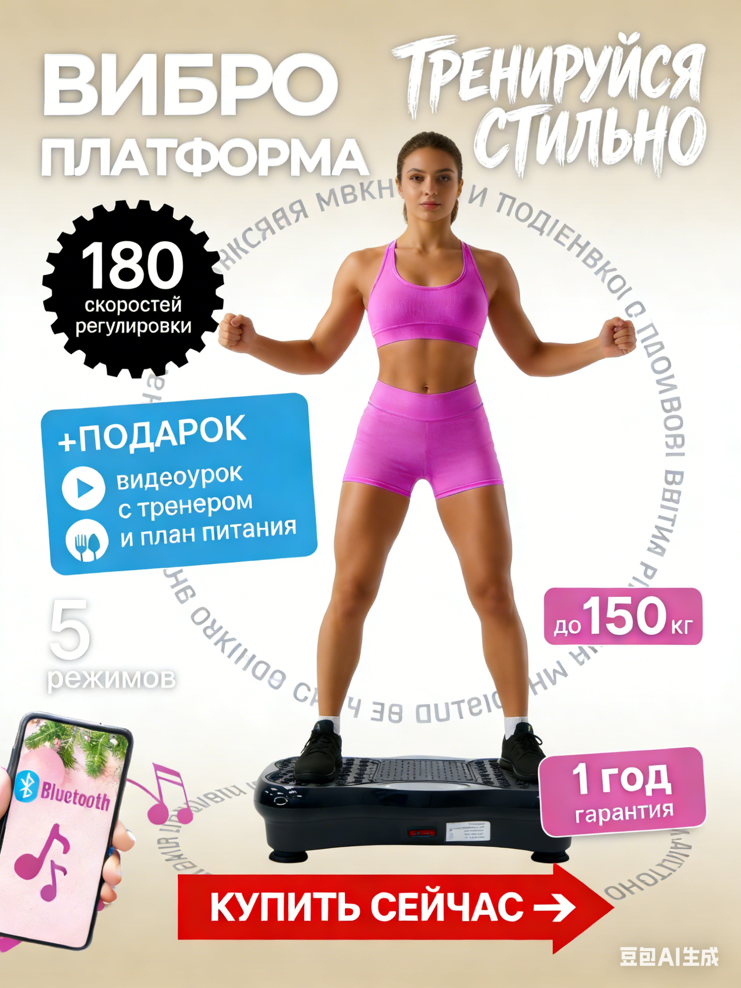 Виброплатформа для похудения, тренажёр для занятий дома, 99 скоростей, эспандеры 2 шт, черный с Bluetooth