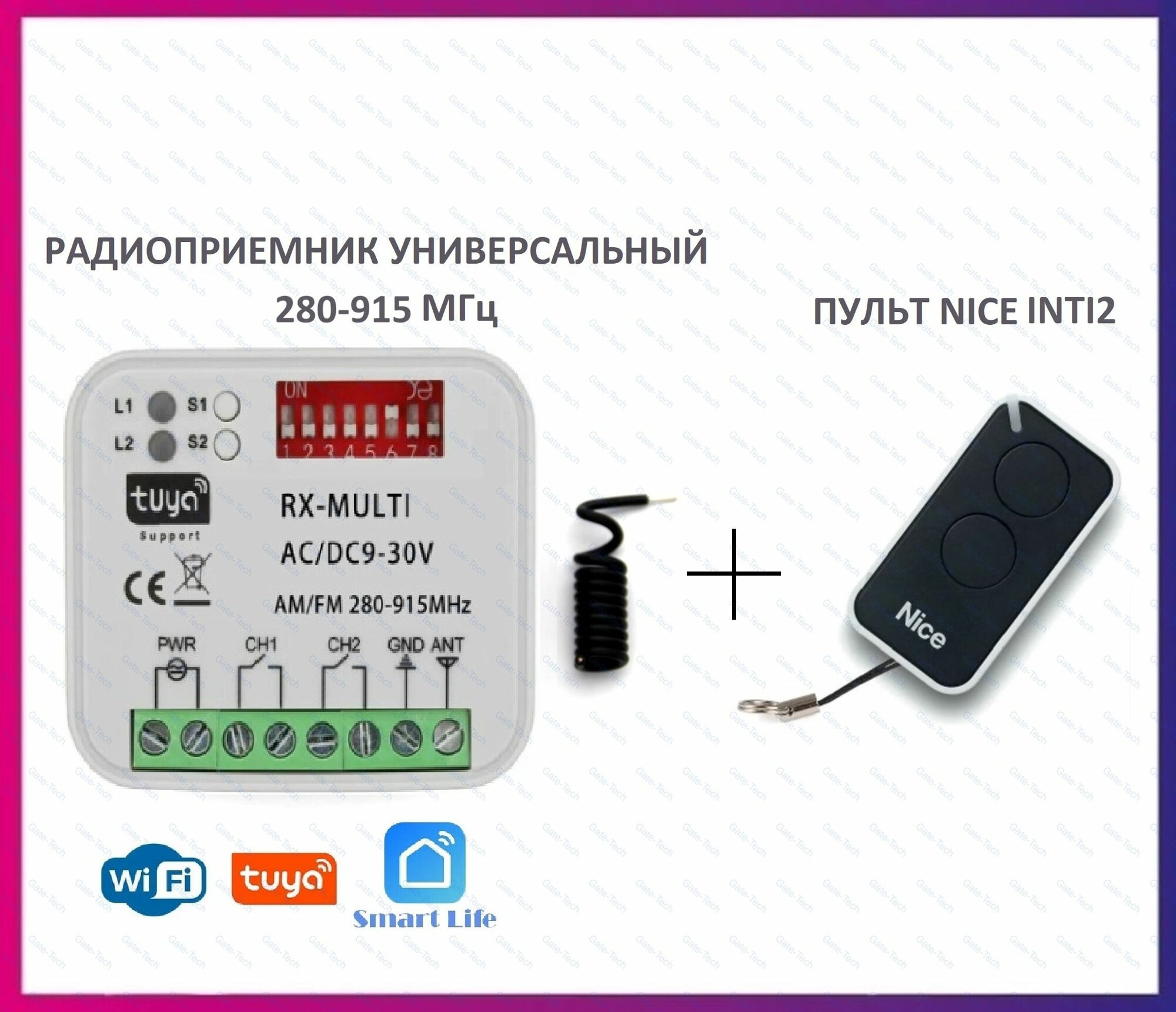 Радиоприемник внешний универсальный 2-х канальный для ворот и шлагбаумов RX-MULTI Wi-Fi Tuya Smart 300-868MHz AC/DC9-30v (мультичастотный) + пульт Nice INTI2