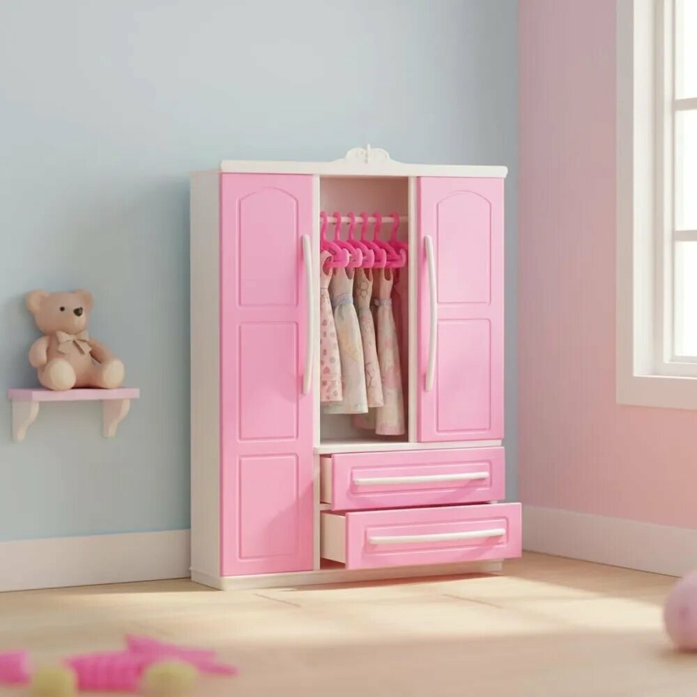 Шкаф-гардероб для кукол из пластика с комплектом из 21 детали для украшения