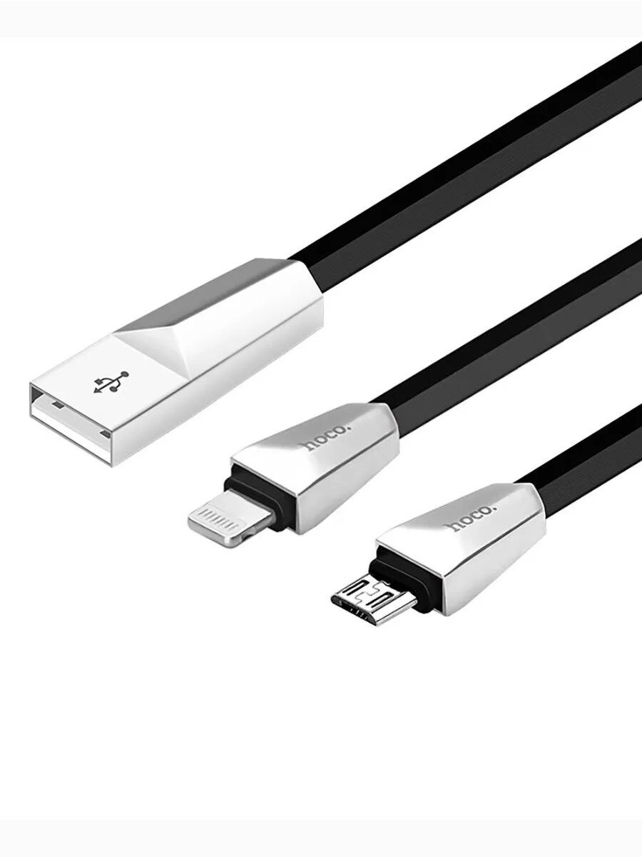 Кабель Hoco X4 2в1 USB to Lightning+microUSB плоский, 2.4А, 1 метр, черный (для старых Android и iPhone)