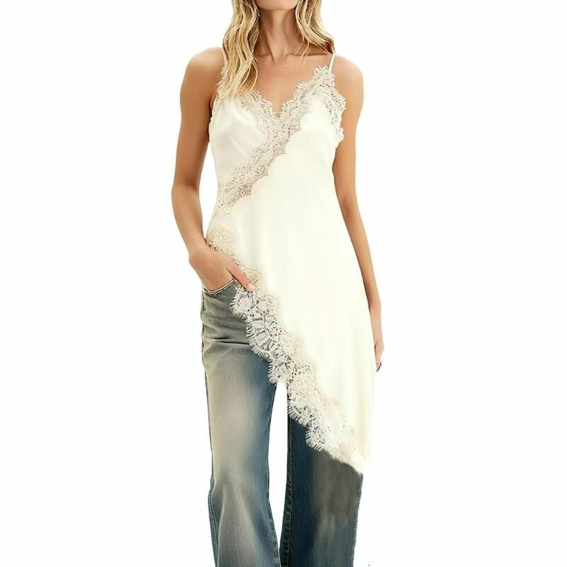 Женский кружевной топ с V-образным вырезом, Белый - M