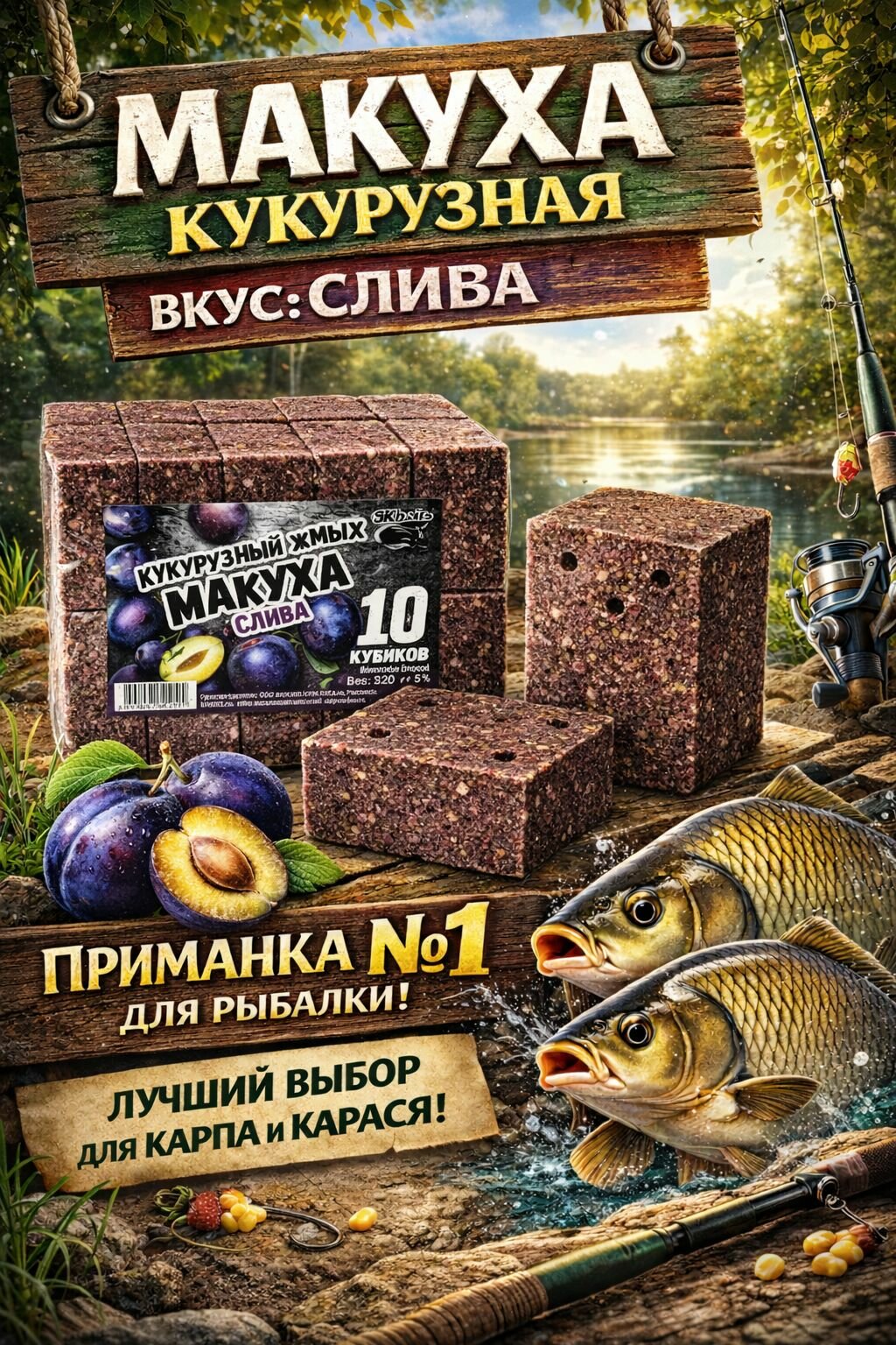 Макуха для рыбалки, кукурузный жмых с отверстиями для крючка "Слива" 10 кубиков, 320г