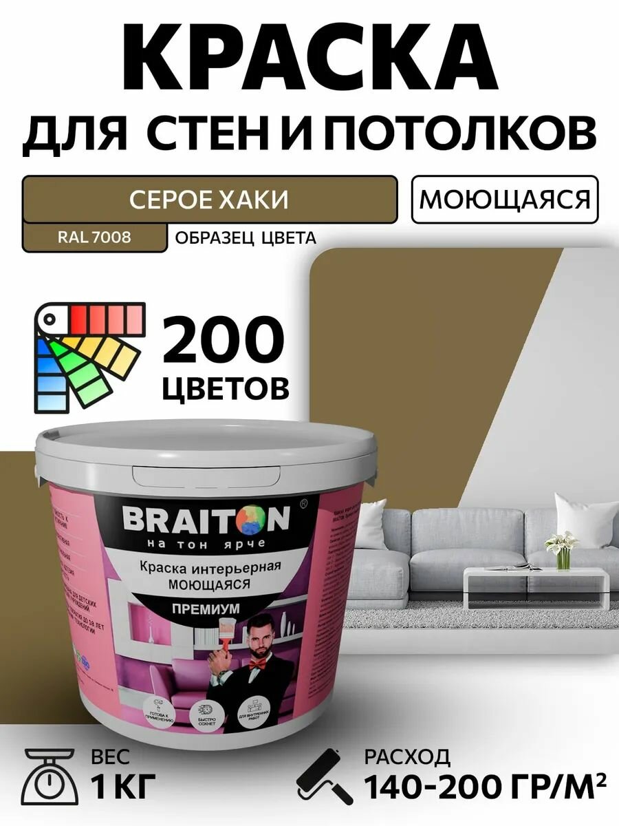 Краска ВД интерьерная BRAITON Премиум Моющаяся 1 кг. Цвет Серое хаки RAL 7008 акриловая, быстросохнущая, для наружных и внутренних работ, для стен и потолков, матовое покрытие