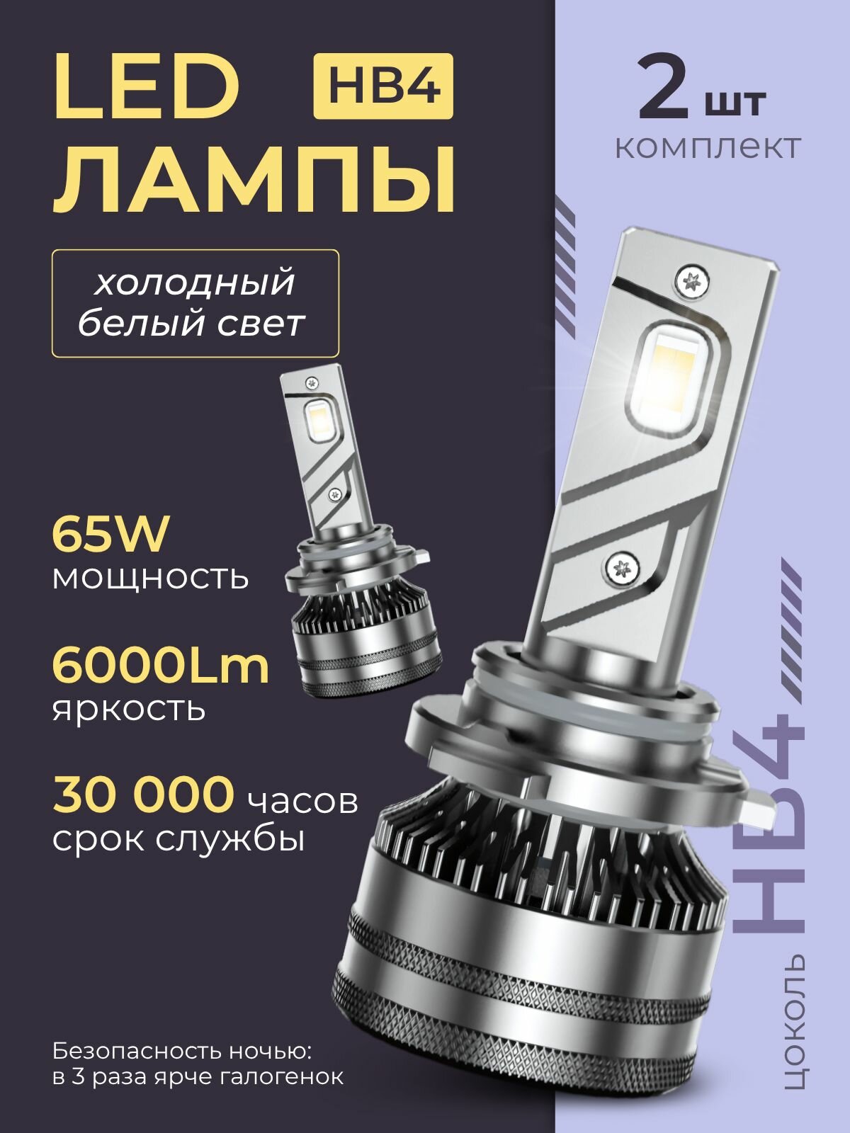 Лампа автомобильная HB4 12-24V 65W (P22d) Лампа LED (CAN, 6000K, 6000Lm) к-т.2шт.