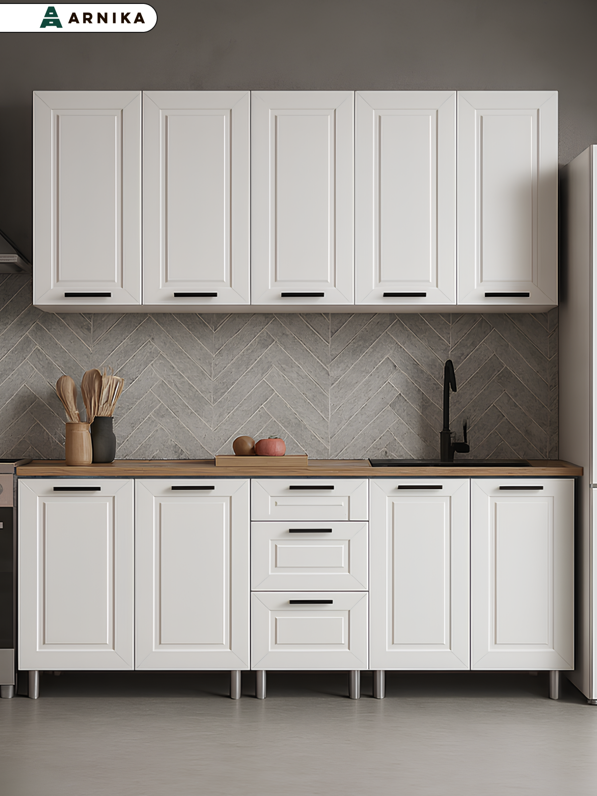 ARNIKA Кухонный гарнитур 2 м Молочный/Молочный, черный (без столешницы)