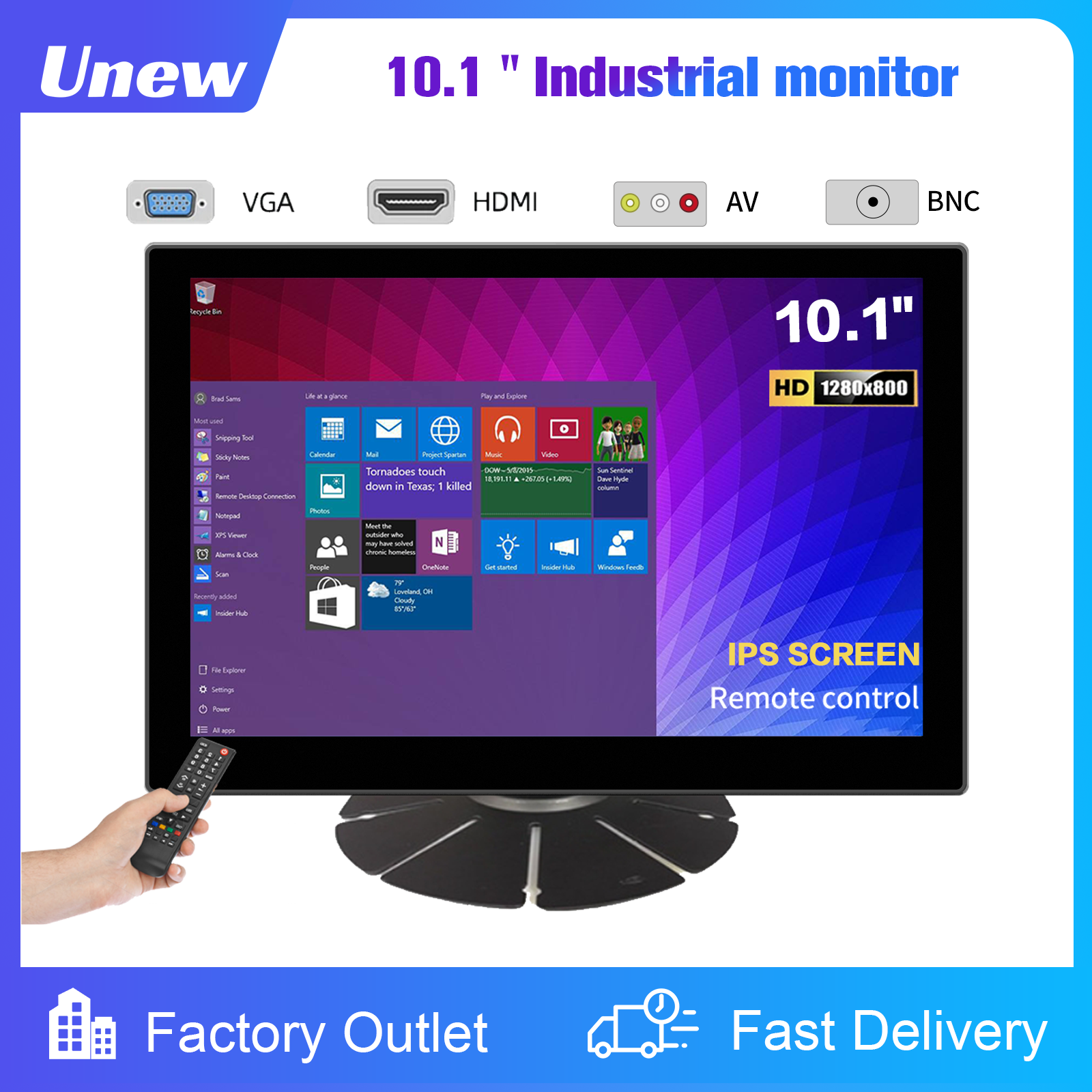 Монитор UNEW, 10.1", 1280x800 пикселей, IPS, встроенные динамики, глянцевый