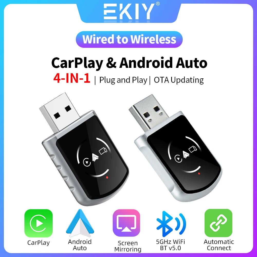 EKIY 4IN1 OEM проводной адаптер CarPlay, беспроводной адаптер Android Auto, мини-бокс CarPlay, донгл для зеркалирования экрана AirPlay, Plug & Play