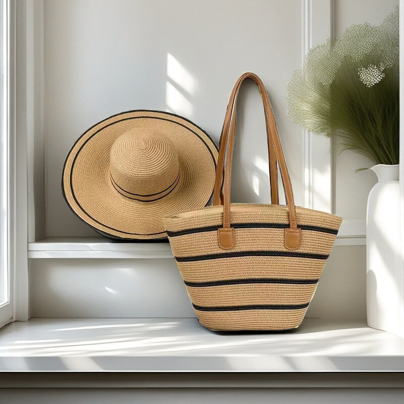2026 Кросс-бордер Соломенная шляпа Соломенная сумка Двухкомпонентный набор Солнечная шляпа Большая вместимость Полосатая сумка через плечо Пляжная сумка Фабричный магазин