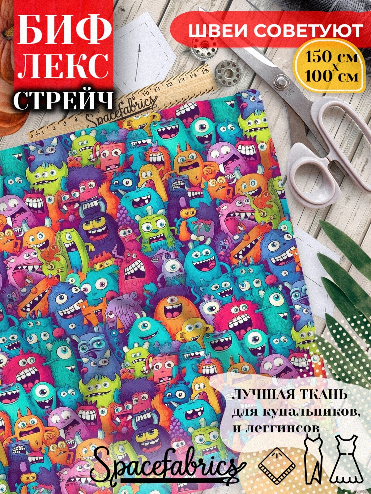 Бифлекс ткань для шитья и рукоделия, 240 г/м2, отрез 150х100 см, трикотажная стрейч ткань с принтом