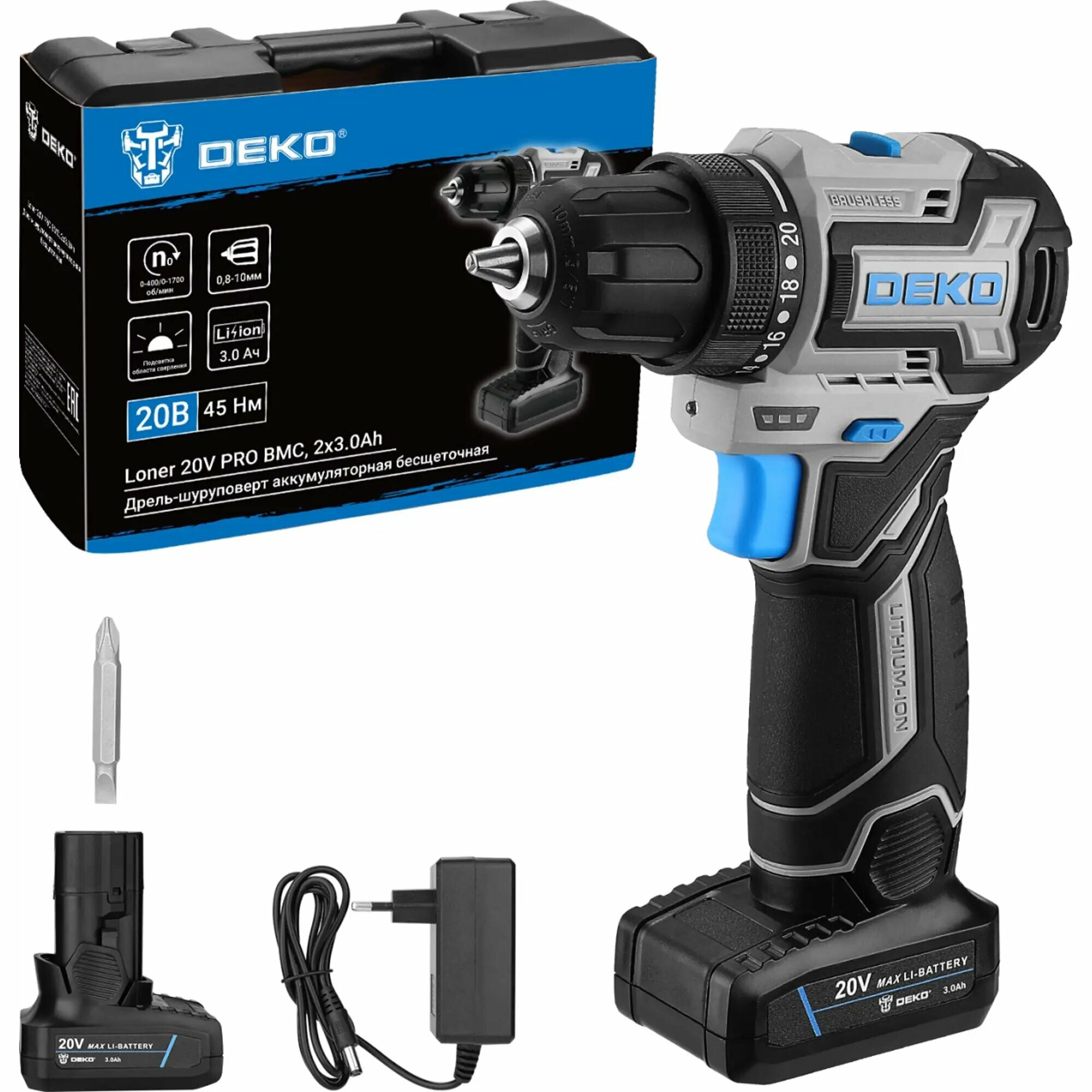 Дрель-шуруповерт аккумуляторная бесщеточная Deko Loner 20V Pro, 085-1010, 20 В Li-Ion 2x3 Ач