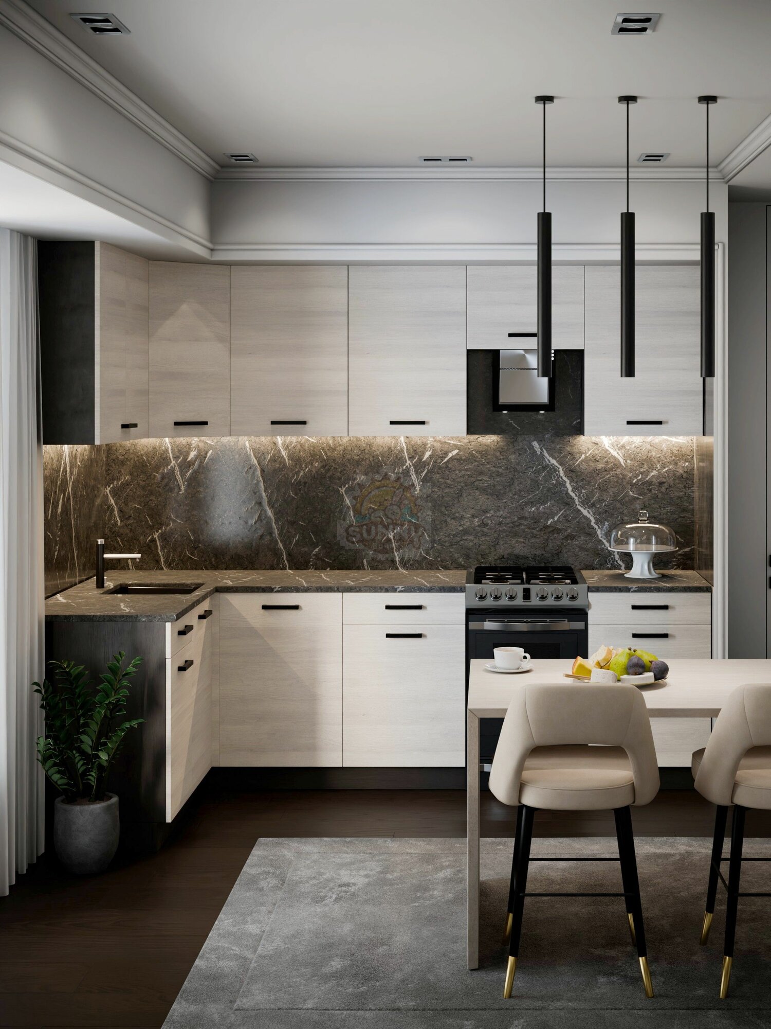 Кухня модульная угловая со столешницей Мария, 140 см х 260 см, Венге/Лоредо ЛДСП, 180 х 260 х 60 см, столешница 60 см.