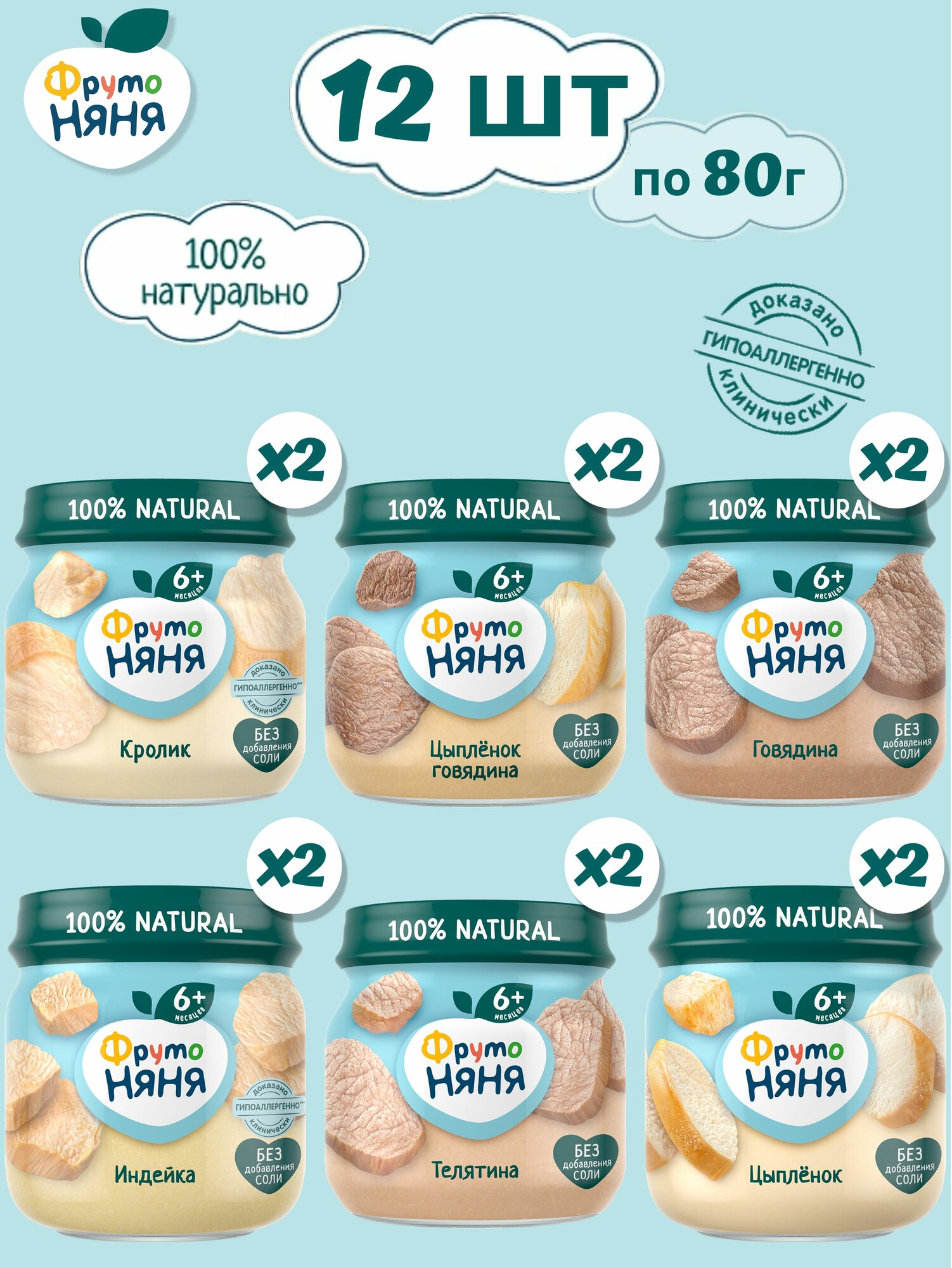 Пюре мясное ФрутоНяня, набор 12 шт, 80 г, 6 вкусов, с 6 месяцев