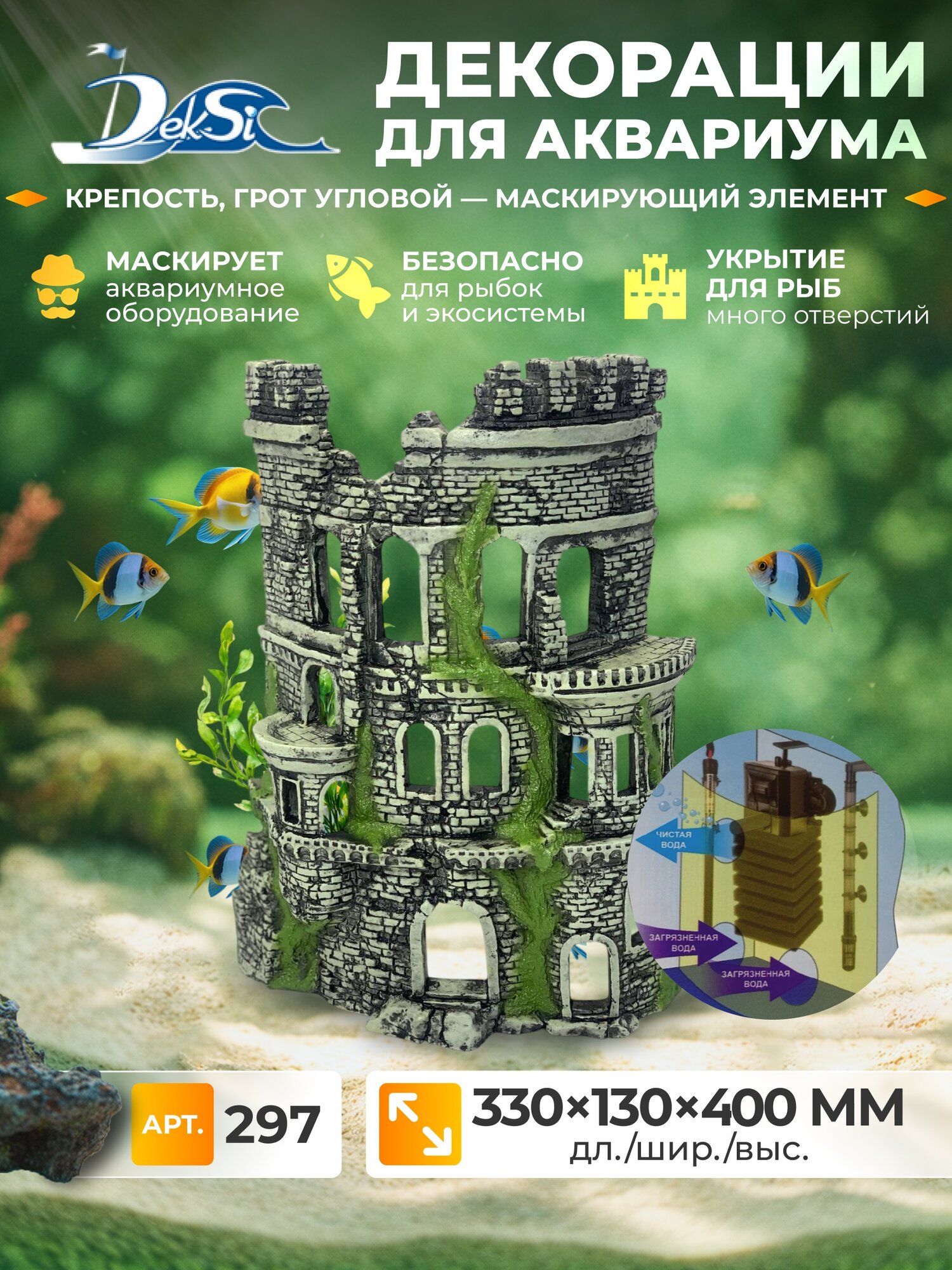 Декорация для аквариума Крепость, грот DEKSI 297 маскирующий элемент для фильтра и обогревателя