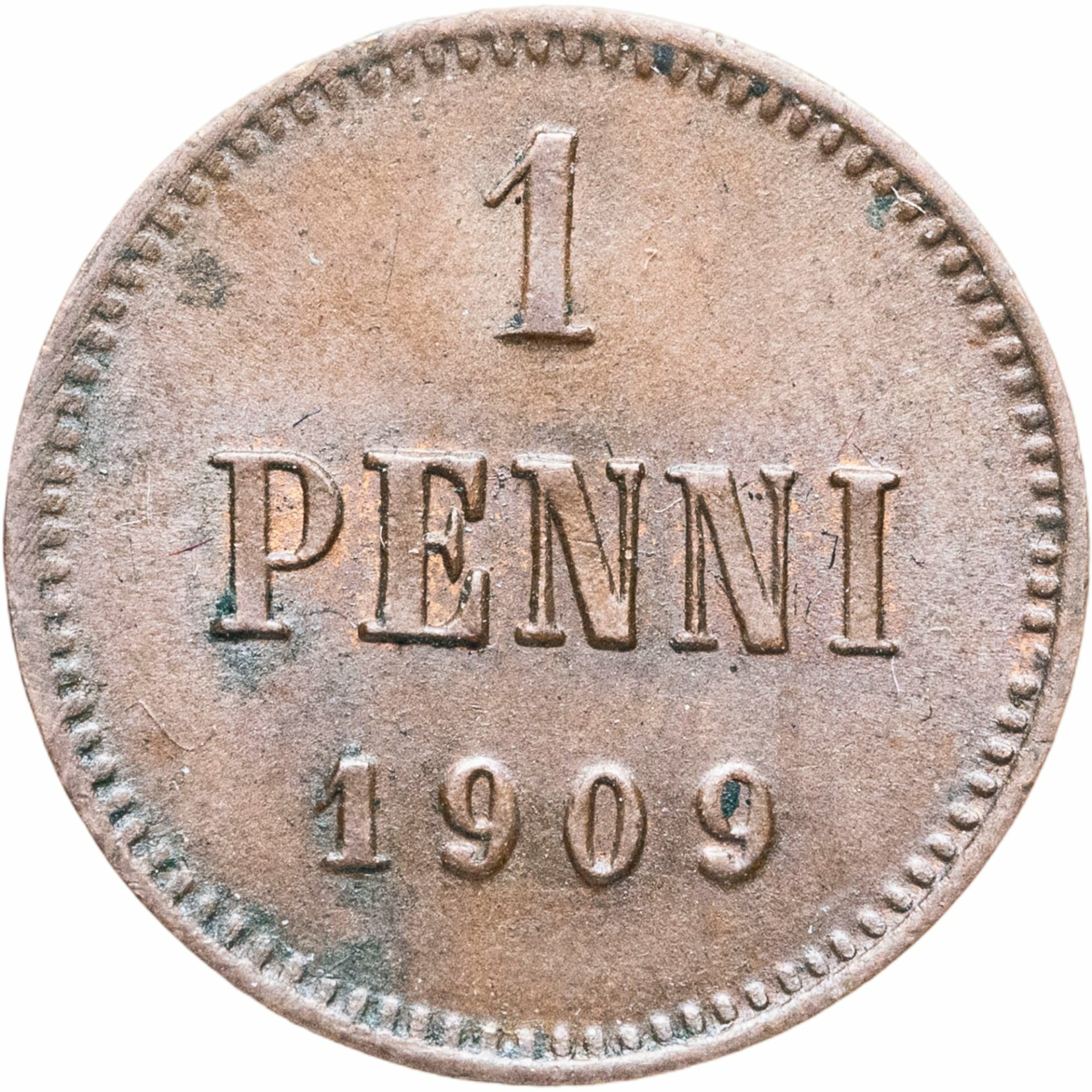 1 пенни penni 1909 Российская Финляндия, Медь, в сохранности XF
