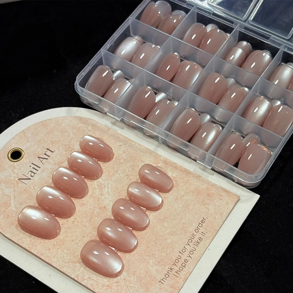 Акриловые накладные ногти «кошачий глаз» белые короткие миндалевидные 144 шт. TD319