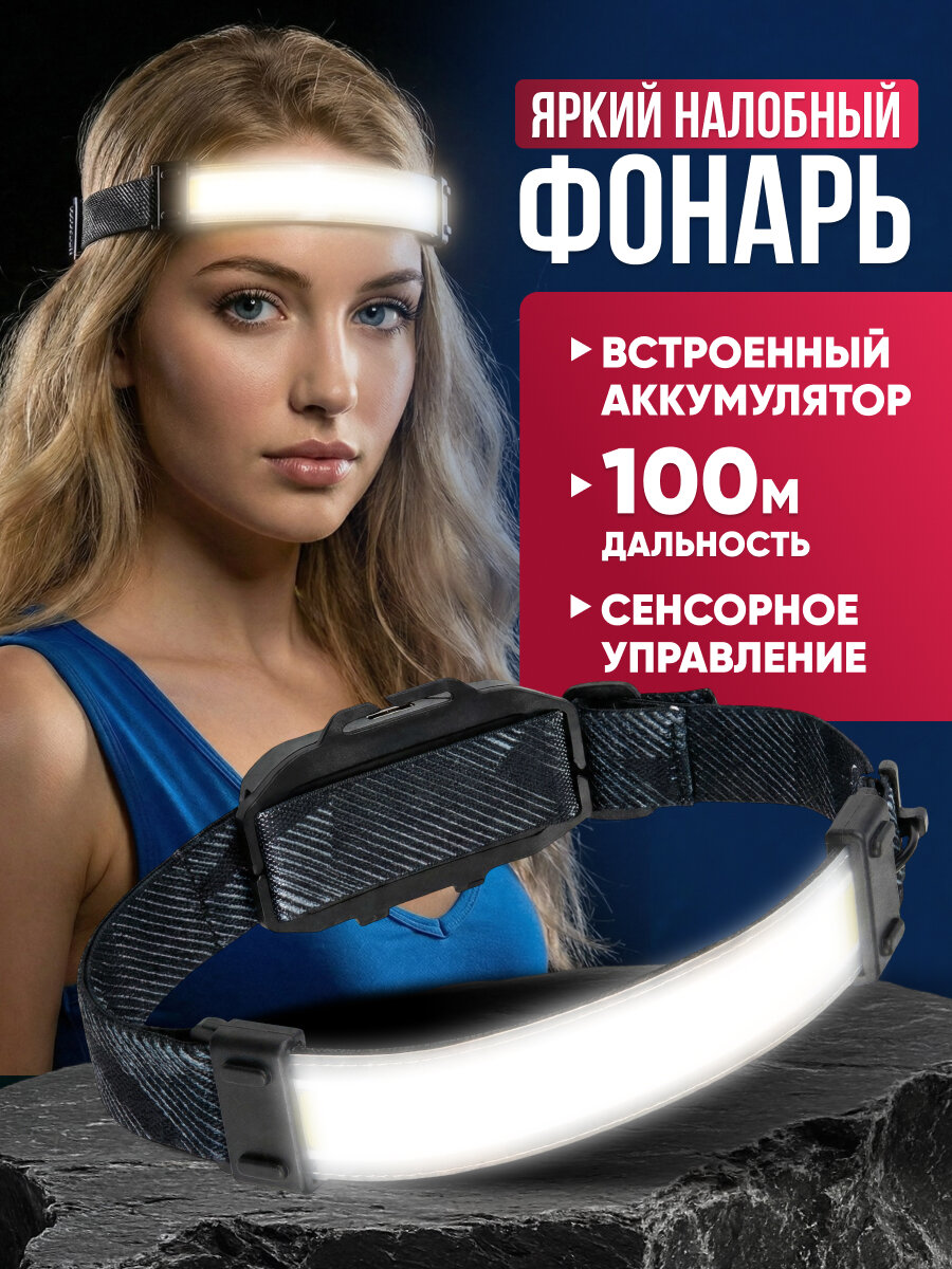 Налобный фонарь Огонь HT-115, светодиодный, аккумуляторный, влагозащитный, 4 режима, 300Лм