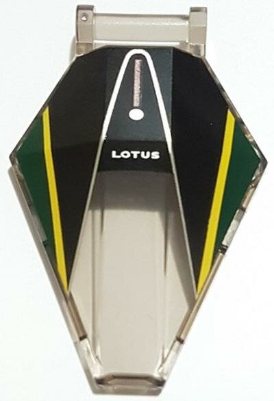 Деталь Lego 27262pb07 Windscreen 6 x 4 x 1 Hexagonal with Bar Handle with 'LOTUS', Silver and Yellow Lines, Black and Dark Green Panels Pattern
